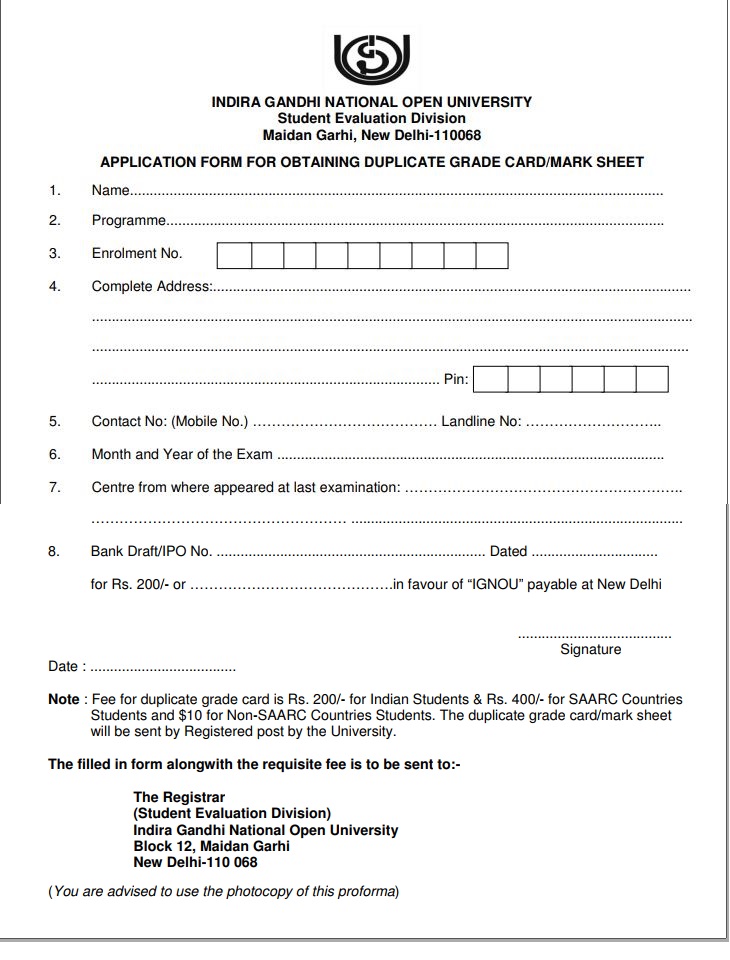 IGNOU Mark Sheet Dispatch Status Duplicate Grade Card Degree 